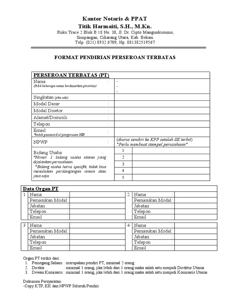 Form Pendirian PT Dan NIB | PDF | Bisnis | Pengelolaan Keuangan & Uang