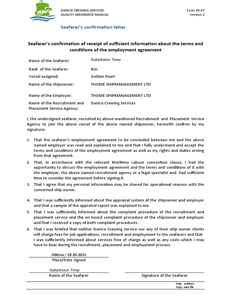 05.07 Seafarer's Confirmation of Receipt of Sufficient Information ...
