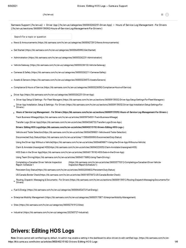 Drivers - Editing HOS Logs - Samsara Support | PDF