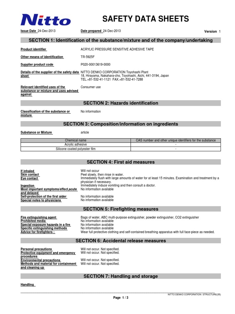 Safety Data Sheets: Nitto Denko Corporation Structure | PDF | Chemistry | Materials