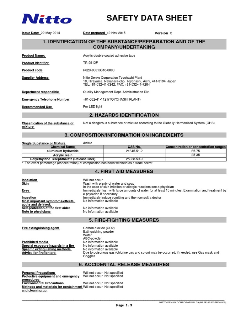 Safety Data Sheet: 1. Identification of The Substance/Preparation and ...