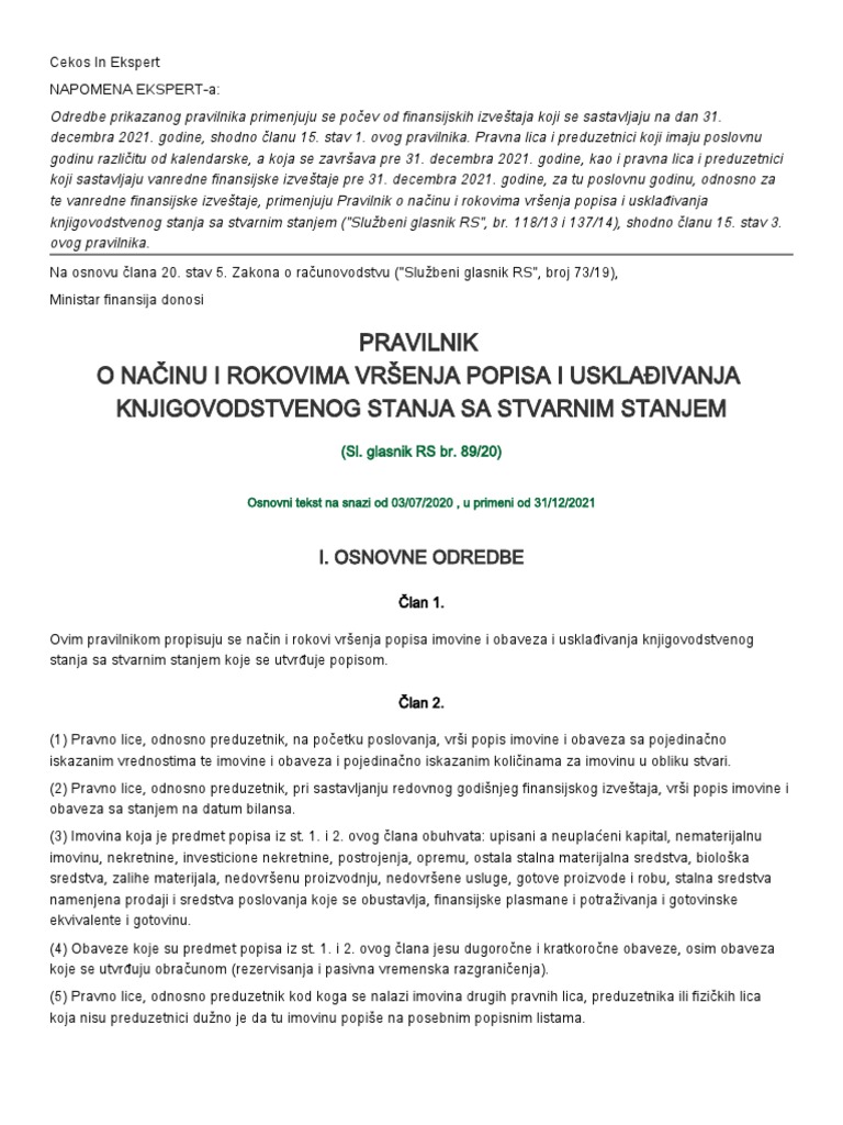 pravilnik o načinu i rokovima vršenja popisa | PDF