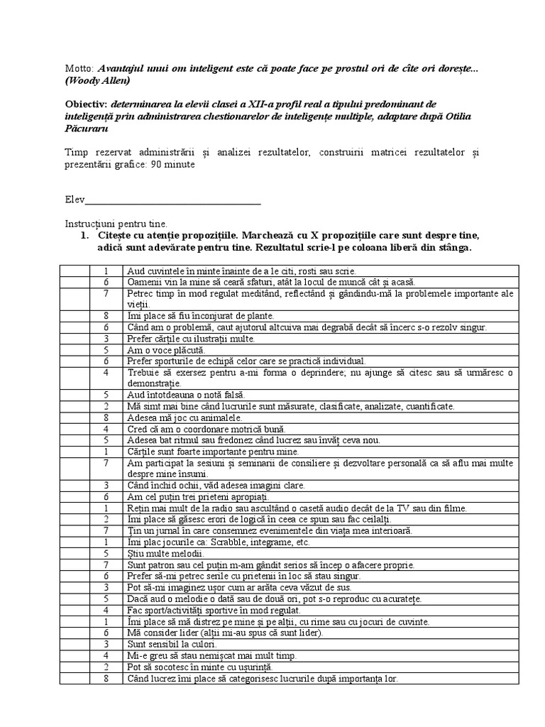Chestionar - Inteligente Multiple | PDF