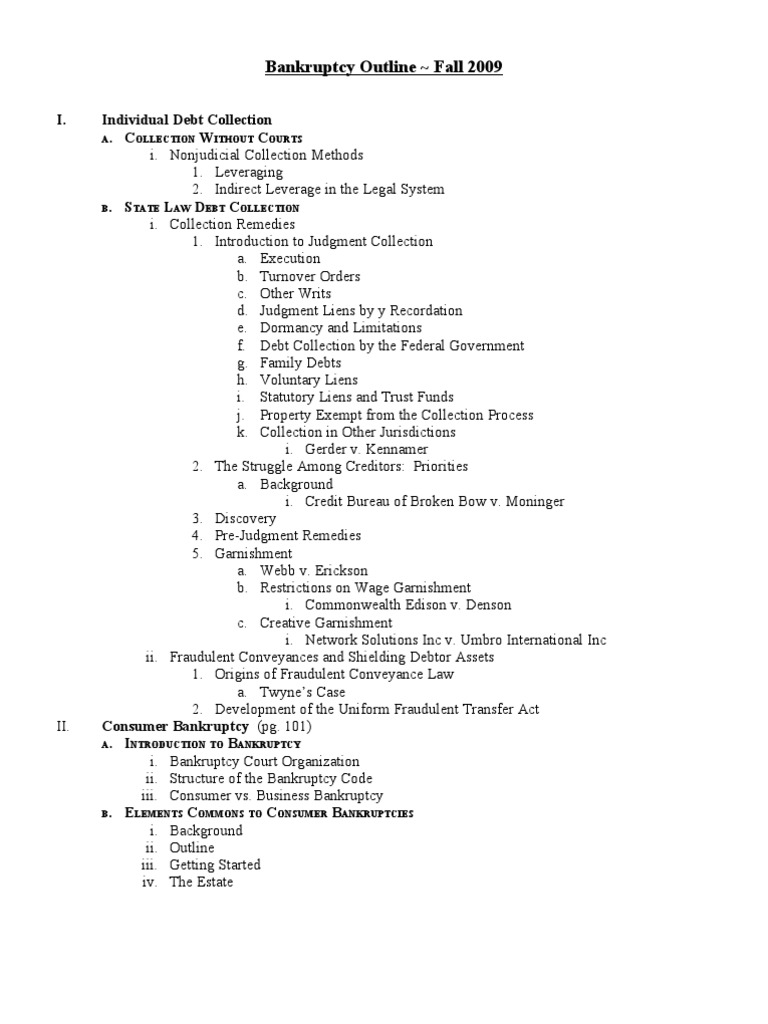 Bankruptcy Outline | Download Free PDF | Chapter 11 | Bankruptcy