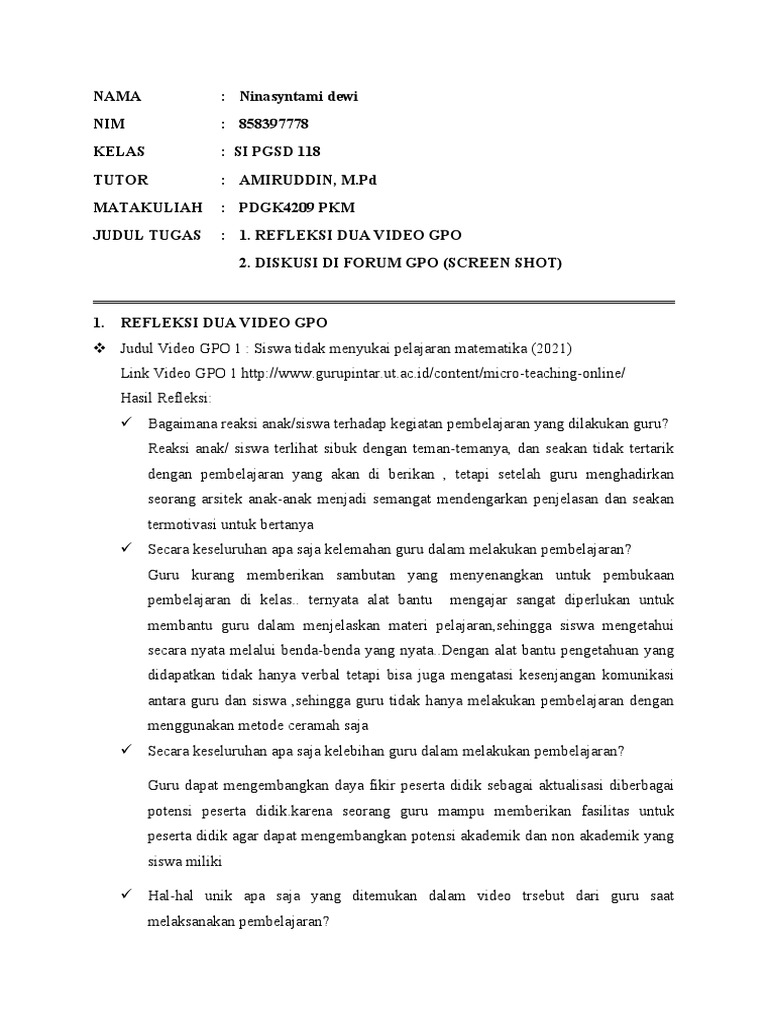 Refleksi Video Pembelajaran GPO | PDF | Karier & Perkembangan | Seni