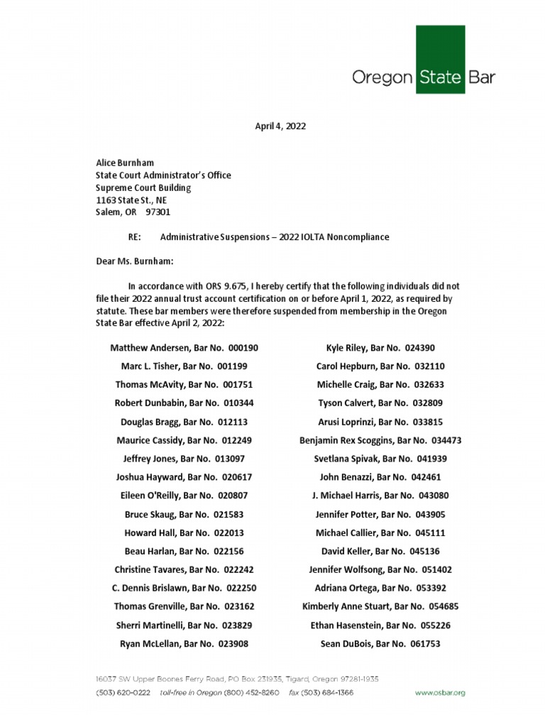 2022 IOLTA Suspension Notice To Court | PDF