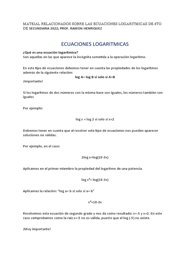 Ecuaciones Logaritmicas | PDF | Ecuaciones | Logaritmo