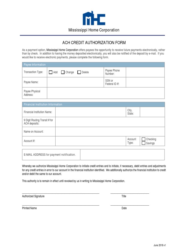 Mississippi Home Corporation Ach Credit Authorization Form: Payee Information | PDF | Payments ...