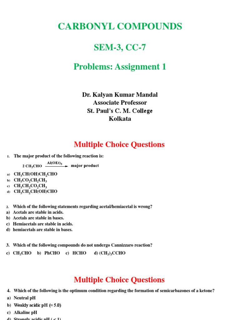 Carbonyl Compounds Assignment I | PDF | Ketone | Alcohol