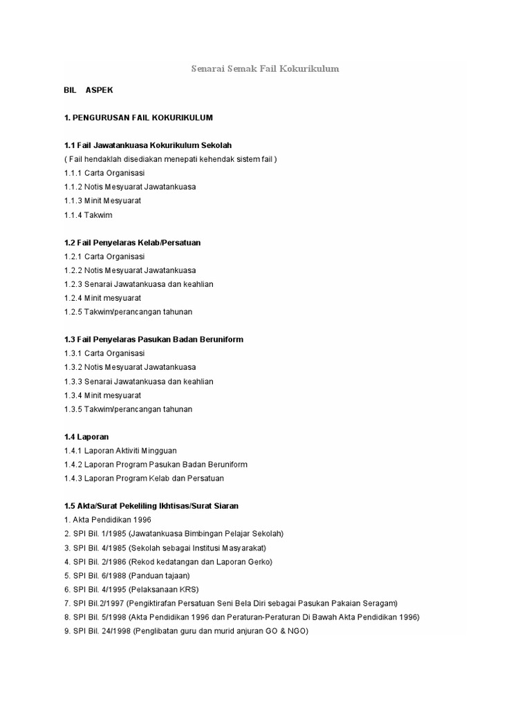 Senarai Semak Fail Kokurikulum | PDF
