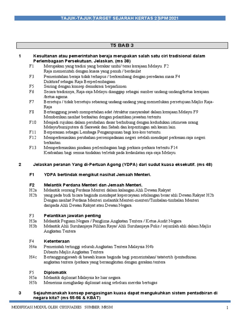 TAJUK-TAJUK TARGET SEJARAH K2 SPM 2021 - Siap | PDF