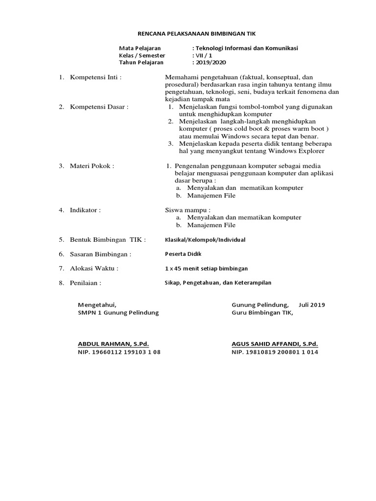 RPP Tik 7 - Menyalakan Mematikan Komputer | PDF