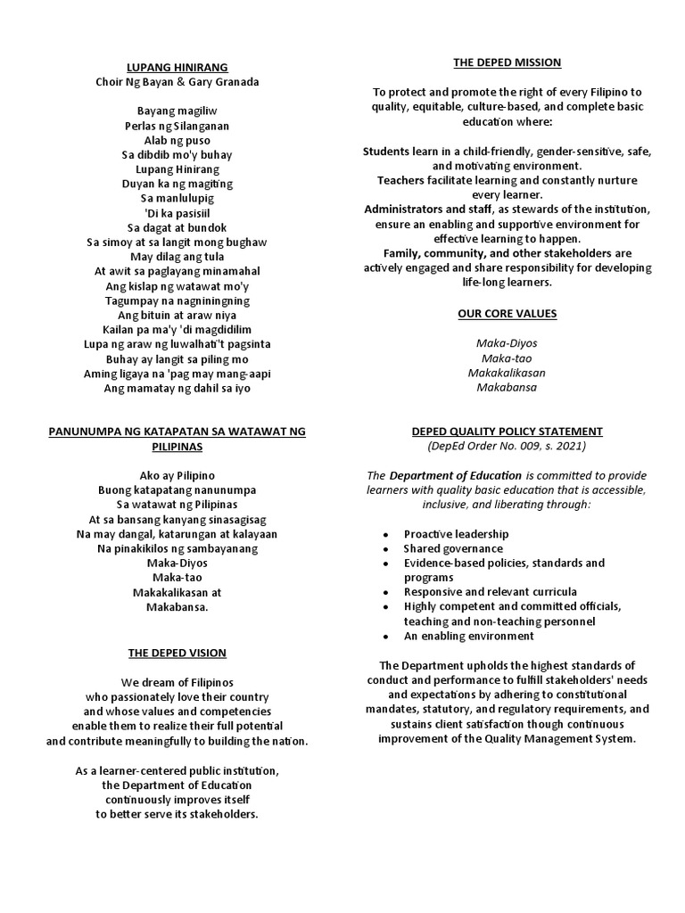 Maka-Diyos Maka-Tao Makakalikasan Makabansa | PDF | Philippines ...
