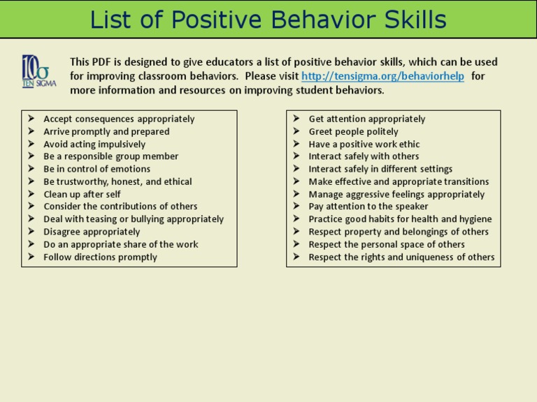 Positive Behavior Skills To Improve Classroom Behavior 1 | PDF | Self ...