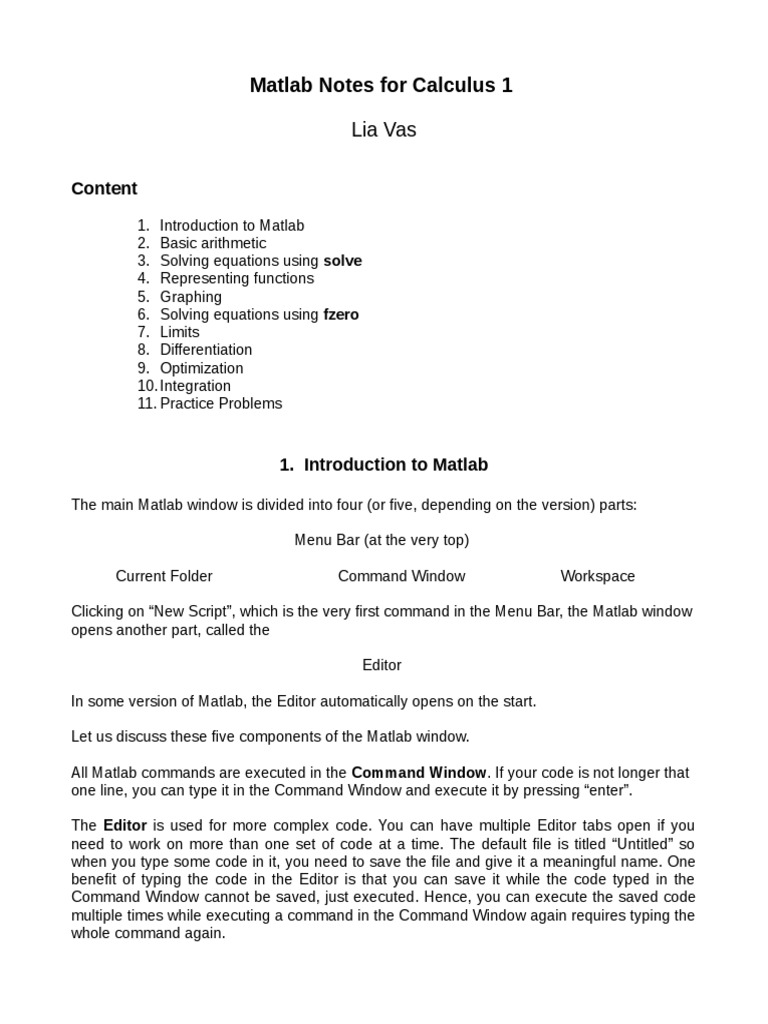 Matlab Notes For Calculus 1: Lia Vas | PDF | Derivative | Maxima And Minima