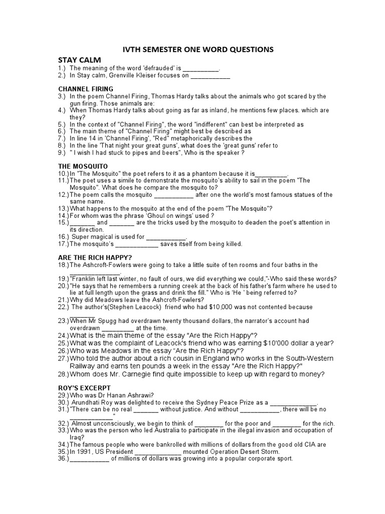 Ivth Semester One Word Questions Stay Calm: Channel Firing | PDF