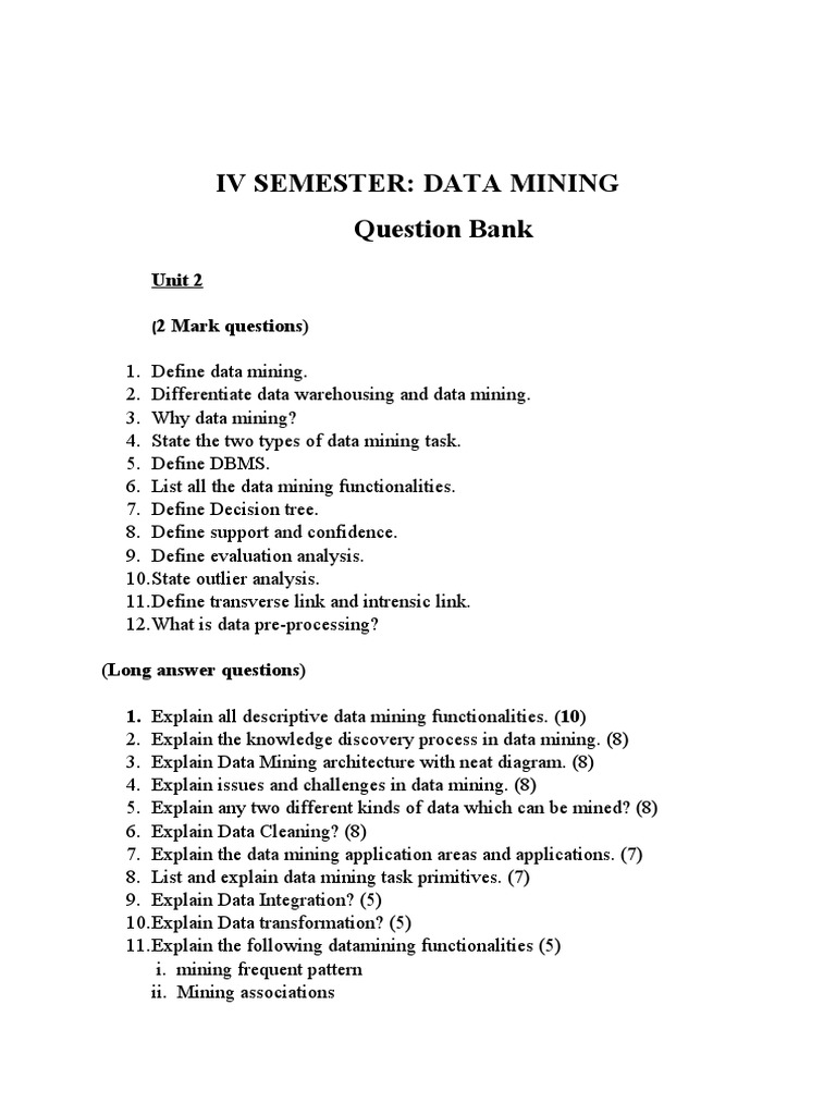Iv Semester: Data Mining Question Bank: Unit 2 2 Mark Questions) | PDF | Data Mining | Cluster ...