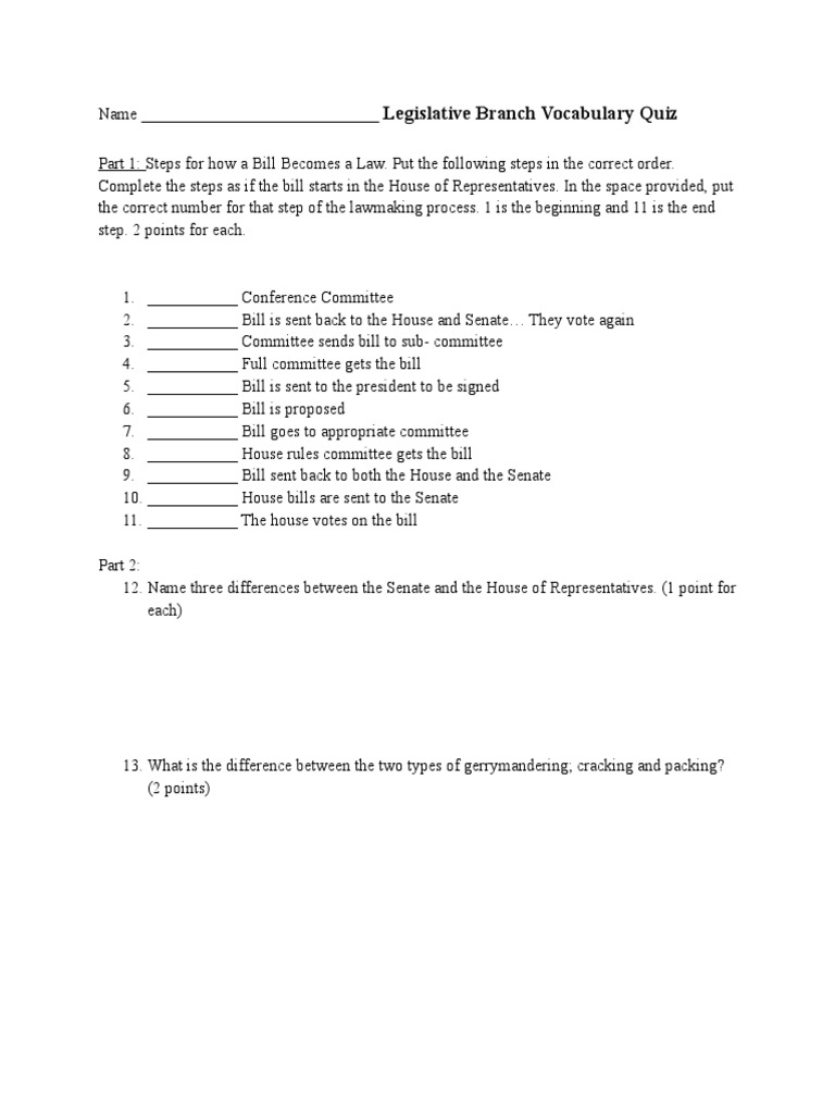 Legislative Branch Vocabulary Quiz-2 | PDF