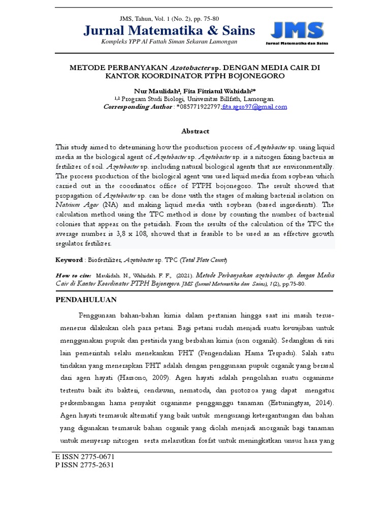 Jurnal Matematika & Sains: Metode Perbanyakan Azotobacter Sp. DENGAN ...