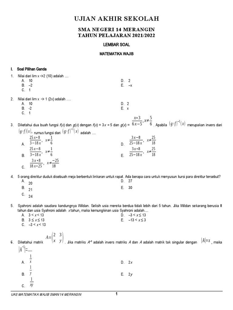 Soal UAS Matematika Wajib SMA 14 | PDF