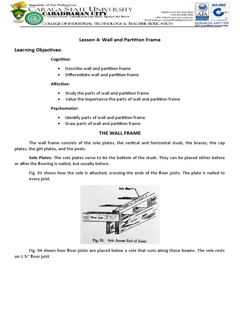 Lesson 4 - Wall and Partition Frame | PDF | Framing (Construction ...