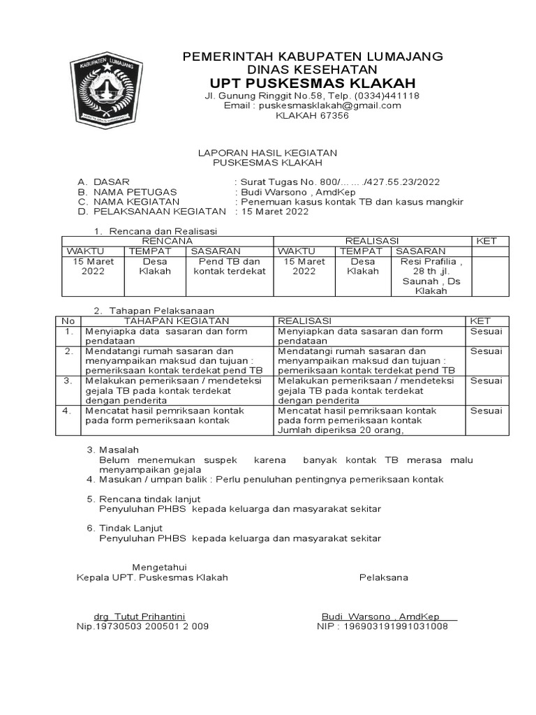 LHK Penemuan Kasus Kontak TB Klakh 2022 | PDF