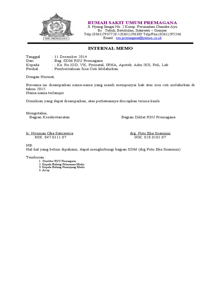 Internal Memo Surat Pemberitahuan Sisa Cuti LahiranBaru.. | PDF