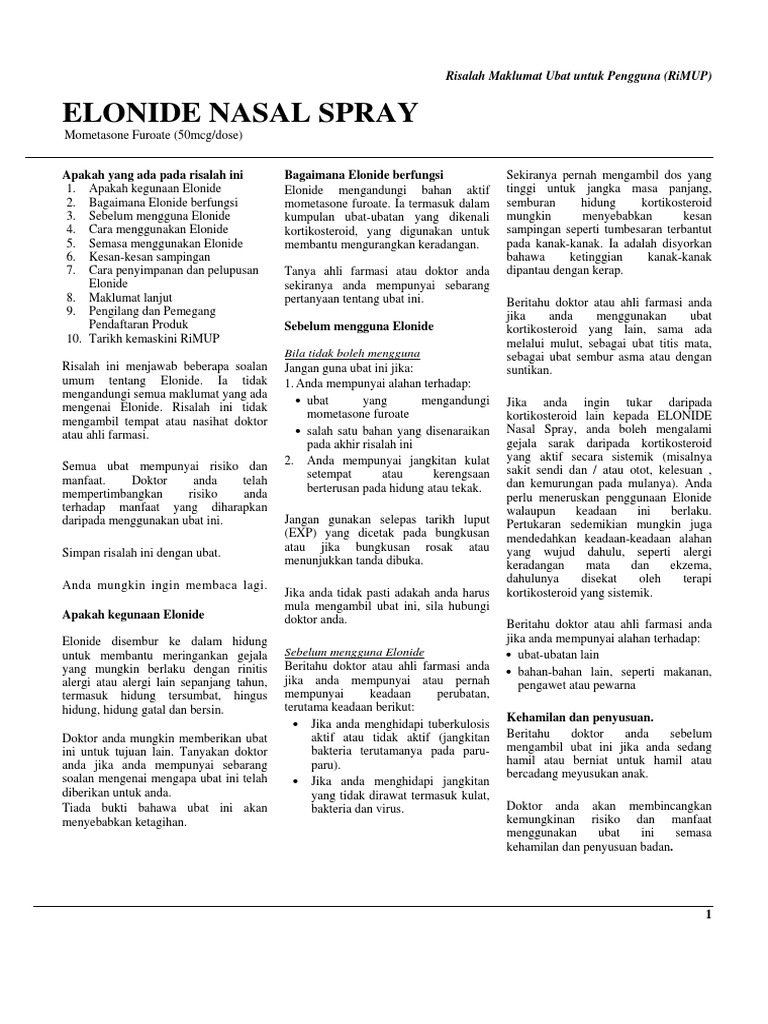 Elonide Nasal Spray Mometasone Furoate HOE PHARMACEUTICALS SDN BHD ...