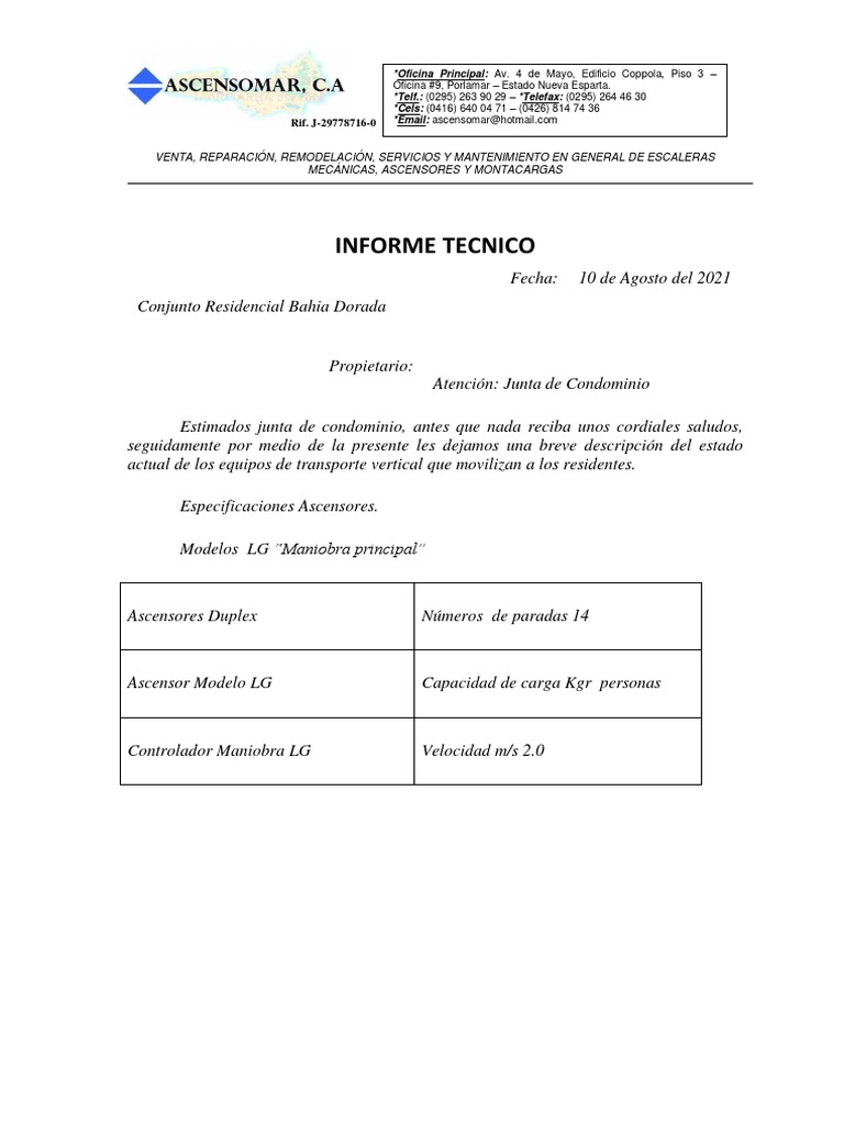 Informe Tecnico | PDF | Ascensor