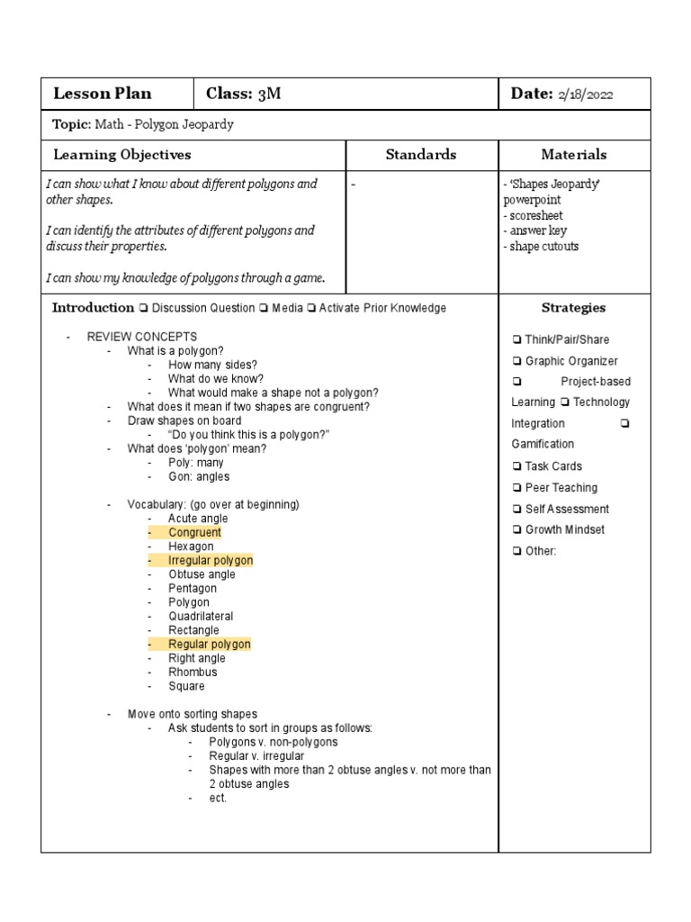 Lesson Plan Class: 3M Date:: Learning Objectives Standards Materials ...