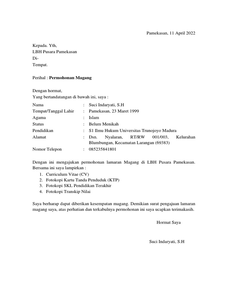 Surat Lamaran Magang LBH Pusara Pamekasan | PDF | Wellness