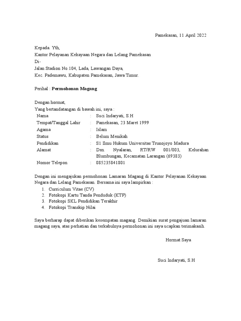 Surat Lamaran Magang KPKNL | PDF