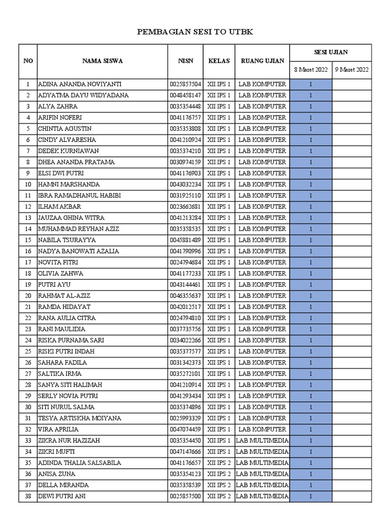 Pembagian Sesi To Utbk | PDF