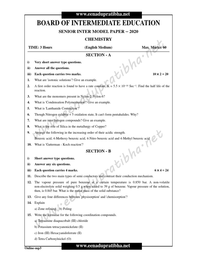 Board of Intermediate Education: Senior Inter Model Paper Chemistry ...