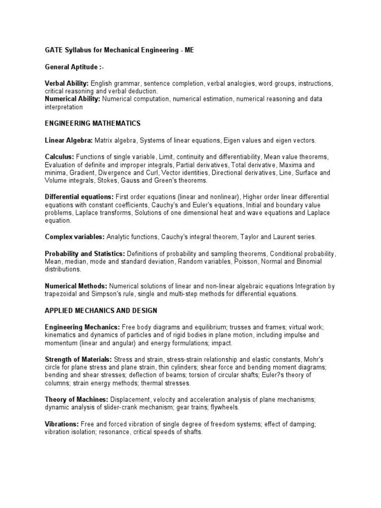 GATE Syllabus For Mechanical Engineering | PDF | Fluid Dynamics | Equations