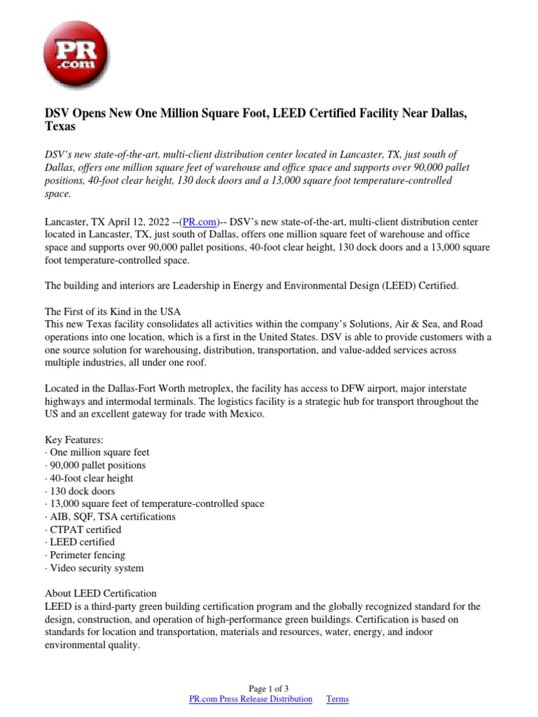 DSV Opens New One Million Square Foot, LEED Certified Facility Near ...