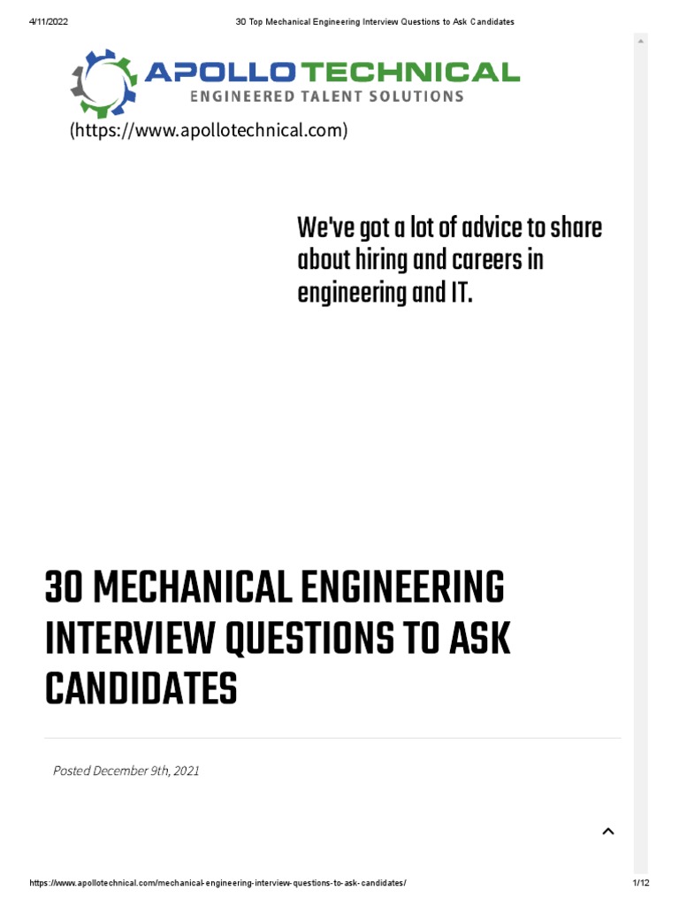 30 Top Mechanical Engineering Interview Questions To Ask Candidates | PDF