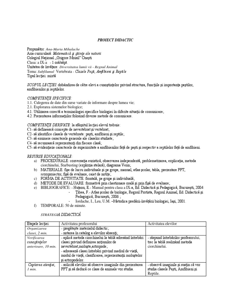 Biologie Clasa-Ix Proiect Didactic Vertebrate Pesti Amfibieni Reptile | PDF