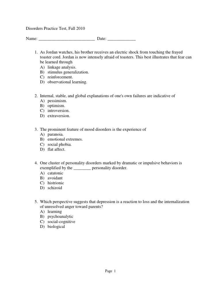 Disorders Practice Test Overview | PDF | Mental Disorder | Anxiety Disorder