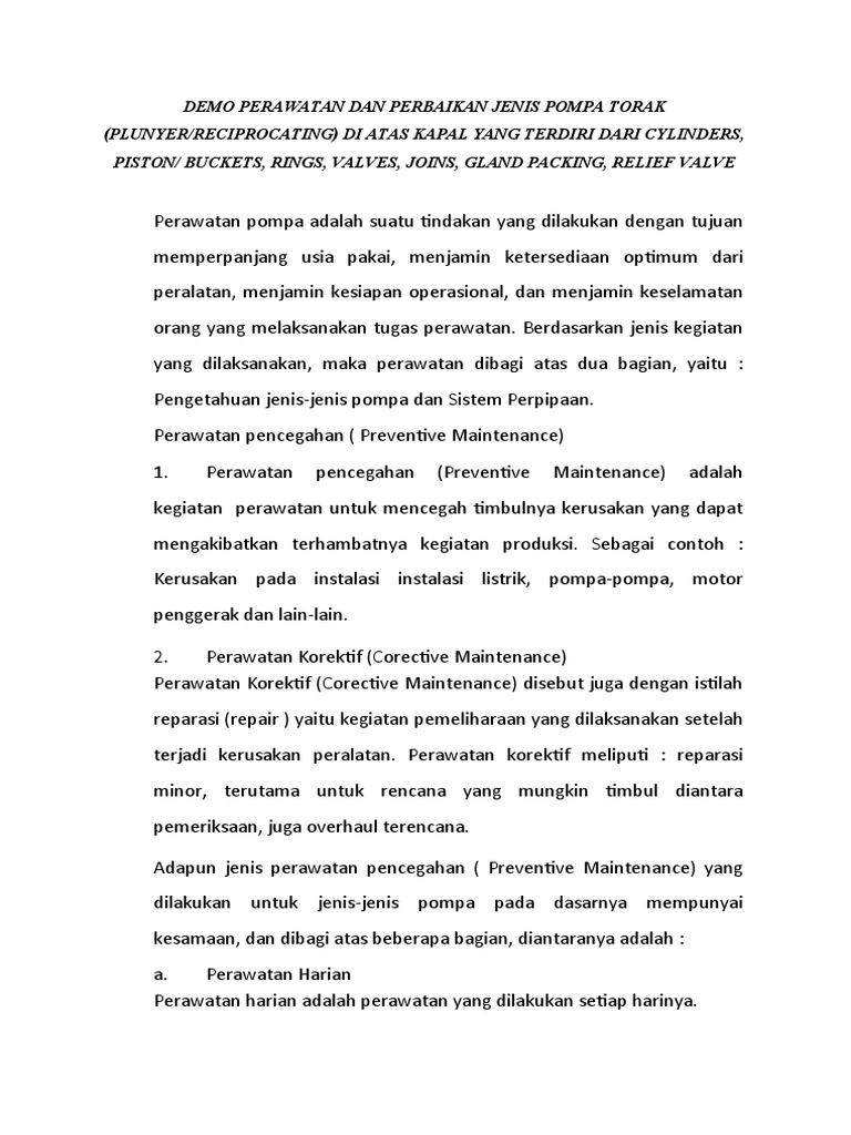 Demo Perawatan Dan Perbaikan Jenis Pompa Torak | PDF