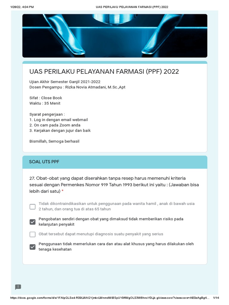 UAS PERILAKU PELAYANAN FARMASI (PPF) 2022 (Bu Rizka) | PDF