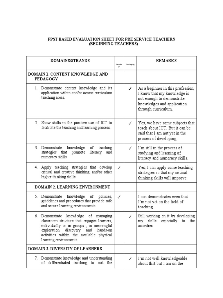 PPST Based Evaluation Sheet For Pre Service Teachers | PDF