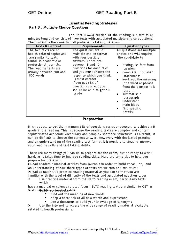 Reading Part B (OET) | PDF
