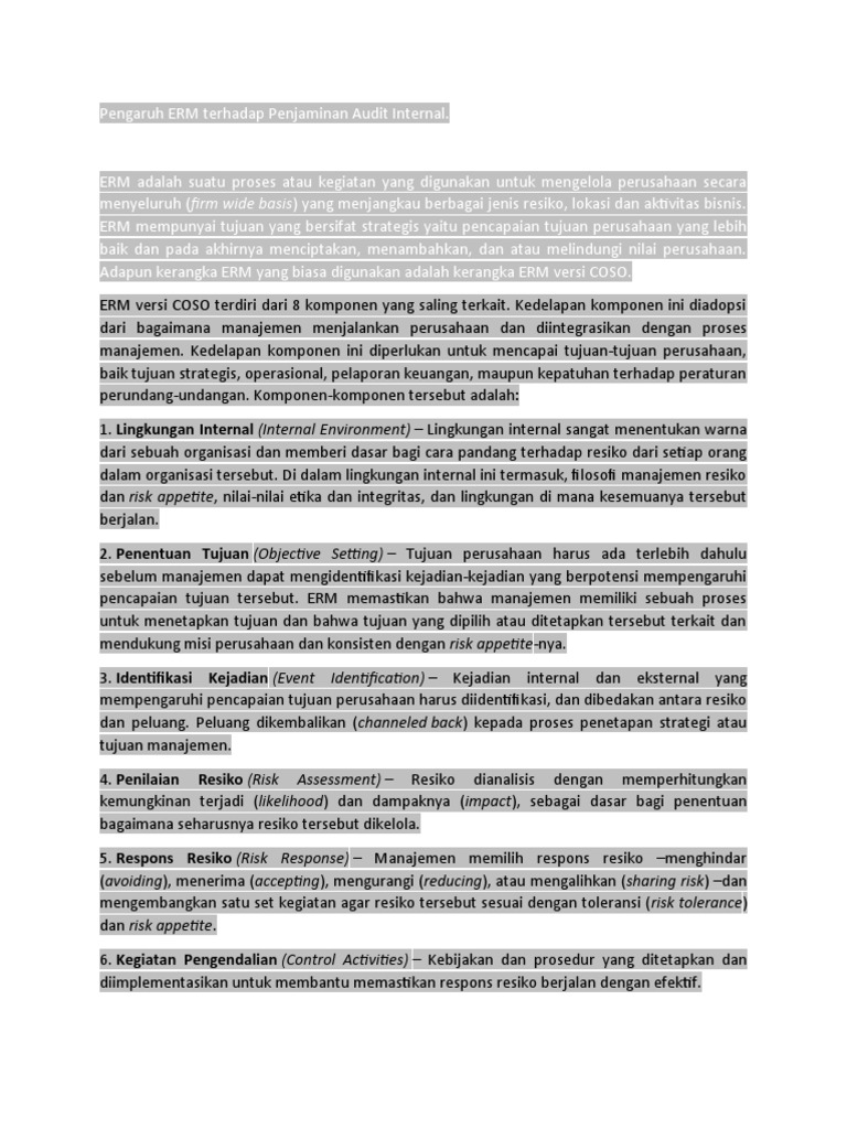 Pengaruh ERM Terhadap Penjaminan Audit Internal | PDF | Karier & Perkembangan | Bisnis