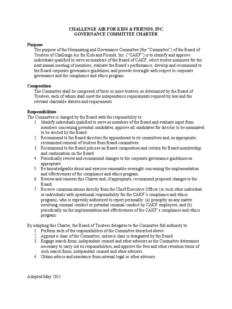 CAKF Governance Charter May2011 | PDF | Committee | Board Of Directors