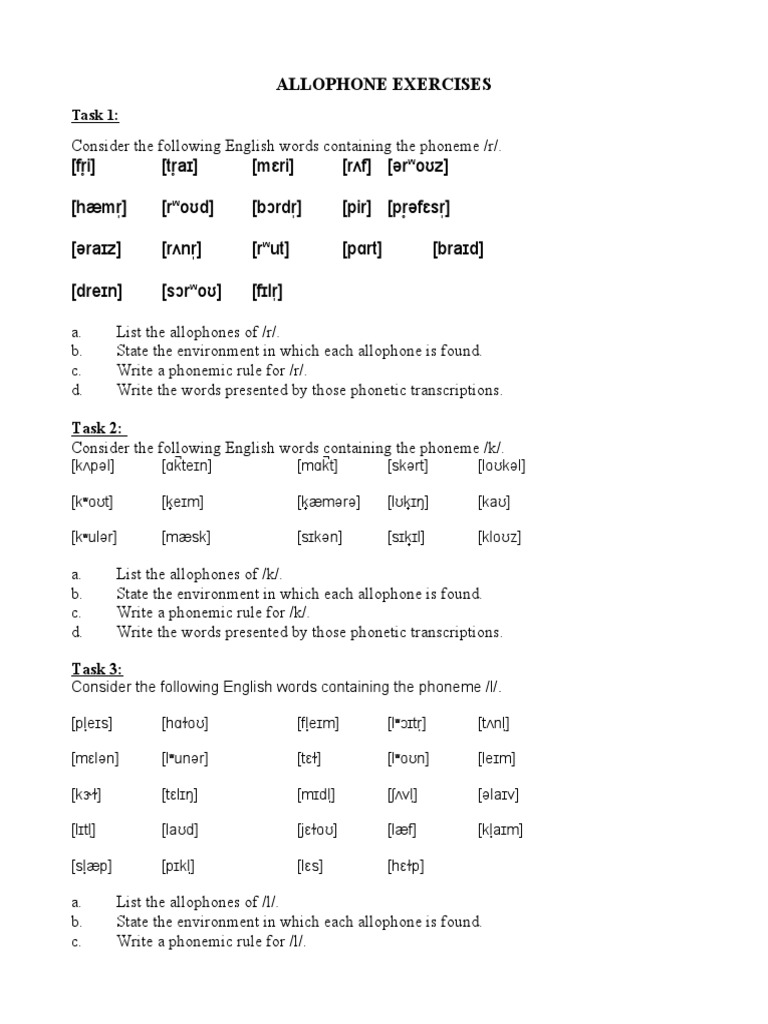 Allophone Exercises for English Phonemes | PDF