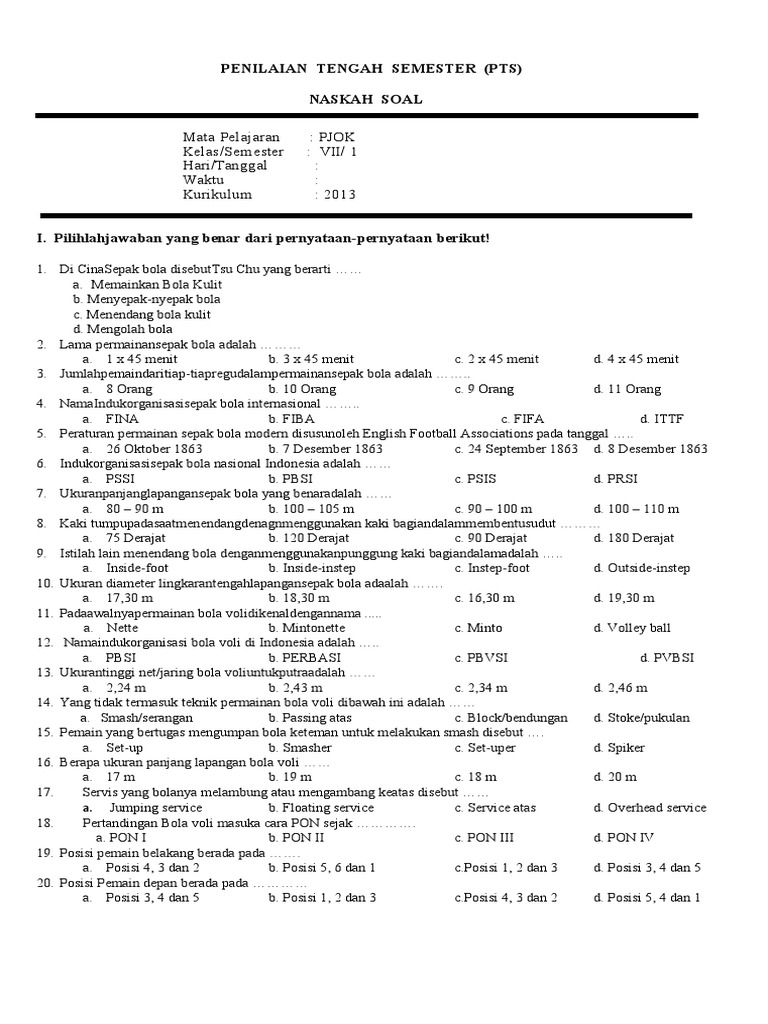 Soal PTS PJOK K7 | PDF