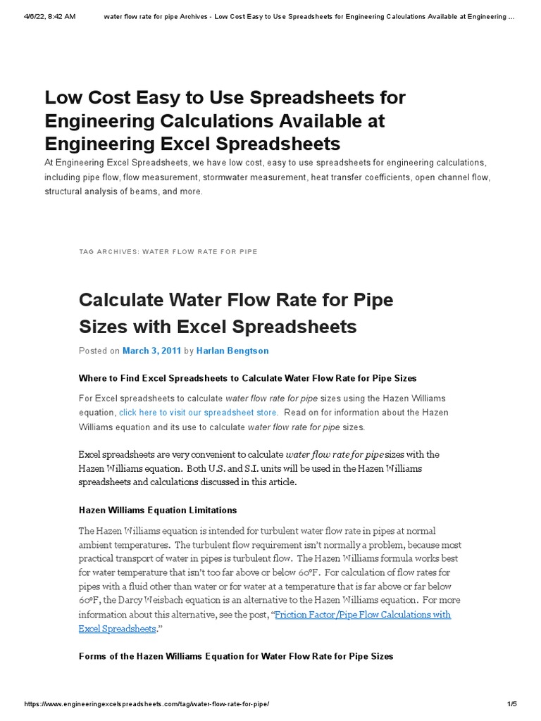 Water Flow Rate For Pipe | PDF