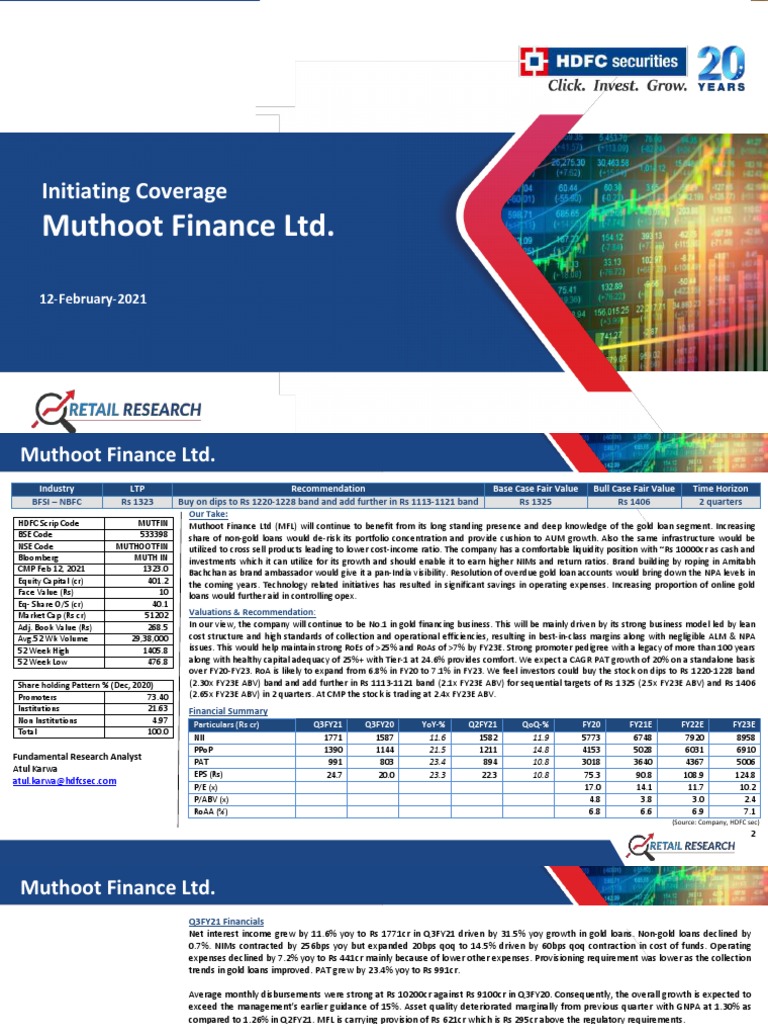 Muthoot Finance Q3FY21 Financial Analysis | PDF | Non Bank Financial Institution | Loans