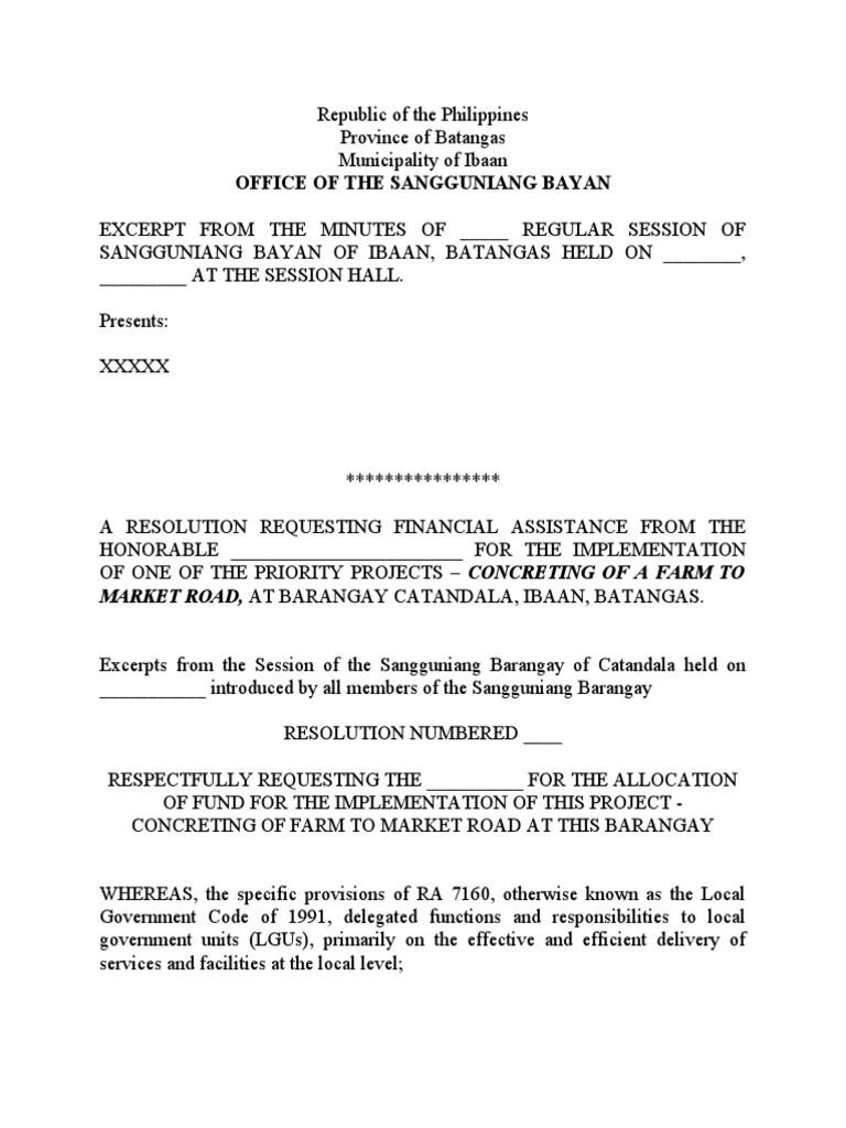 Sangguniang Bayan Resolution - Concreting of Farm To Market Road ...